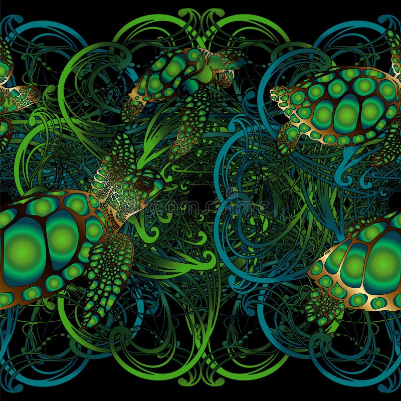 Sea Turtle Seamless Pattern Stock Vector - Illustration of flower ...