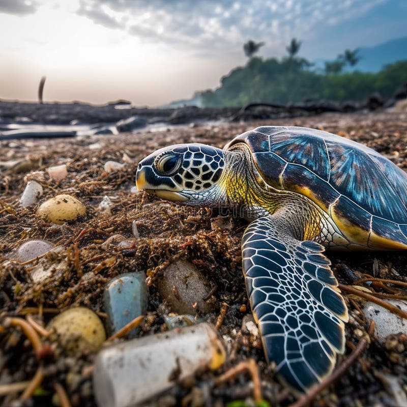 Sea Turtle on the Shore Surrounded by Garbage. Environmental Pollution ...