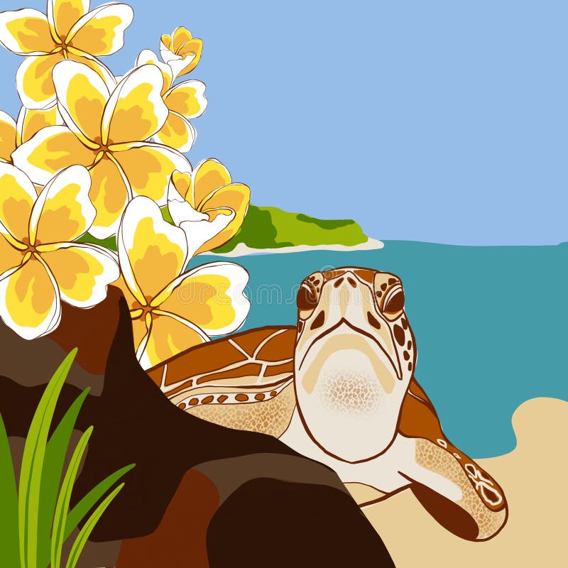Sea Turtle on the Shore of a Tropical Bay. Hand Drawn Illustration ...