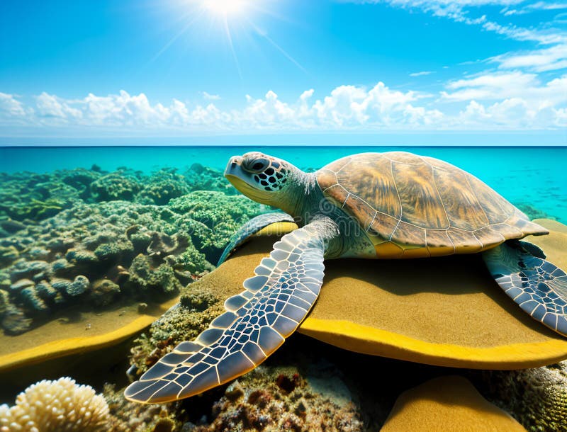 Sea Turtle Sitting on a Coral Reef Stock Illustration - Illustration of ...