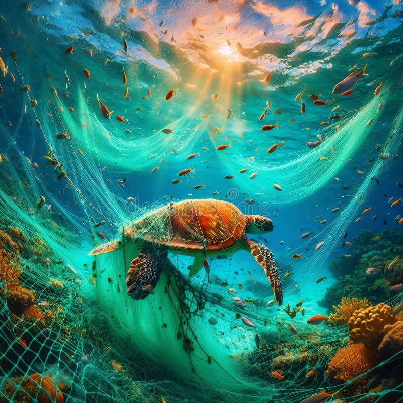 A Sea Turtle Struggles in a Net Underwater. Generative AI Stock ...