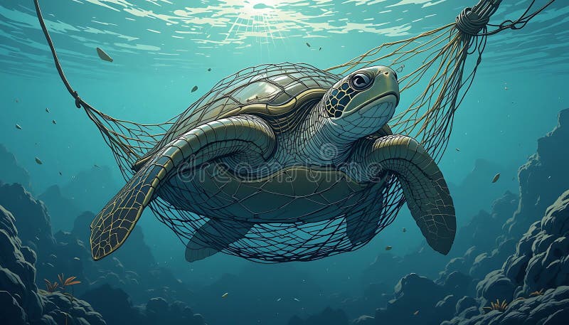 Sea Turtle Swimming Caught in Fishing Net Underwater Environment Stock ...