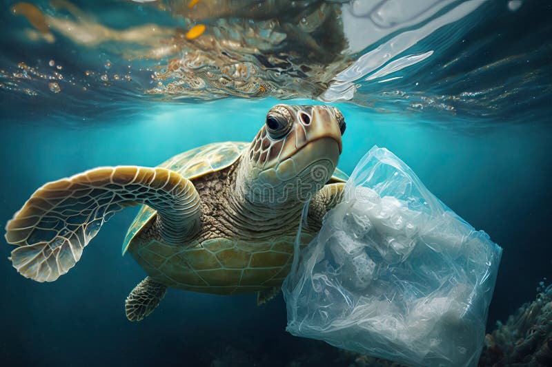 Sea Turtle Stuck in a Plastic Bag while Swimming Underwater in the ...