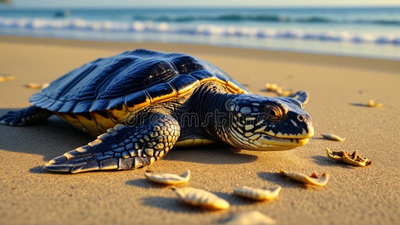 Sea Turtle on Sunlit Beach with Shells and Ocean Waves in the ...