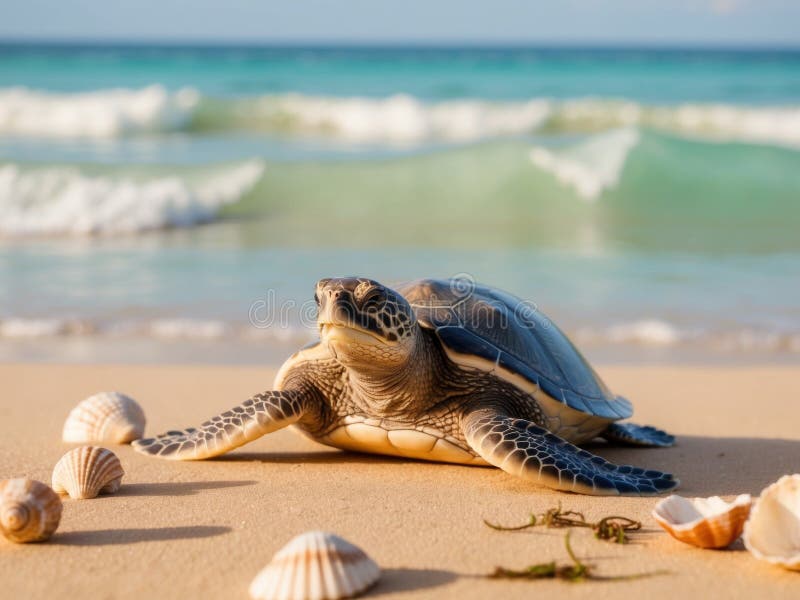 Sea Turtle on Sunlit Beach with Shells and Ocean Waves in the ...