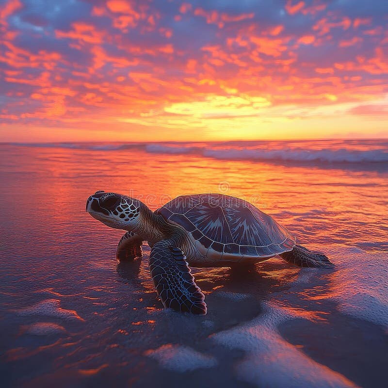 Sea Turtle at Sunset on the Beach Stock Illustration - Illustration of ...