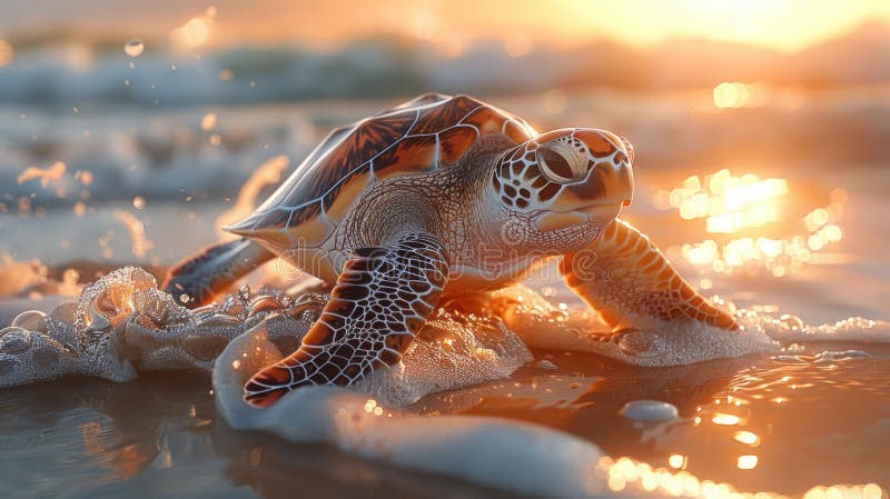 Sea Turtle at Sunset on a Sandy Beach - Generative Ai Stock ...
