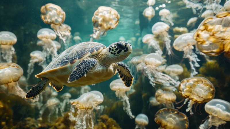 Sea Turtle Surrounded by Jellyfish Underwater Stock Illustration ...