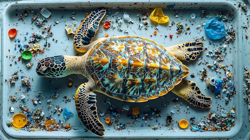 Sea Turtle Surrounded by Microplastics and Debris, Highlighting ...