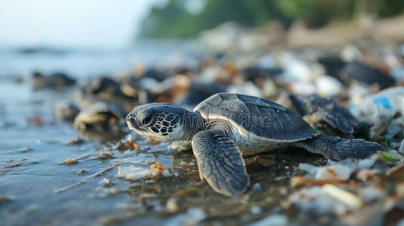 Sea Turtle Surrounded by Plastic Debris on a Beach Stock Image - Image of debris, save: 376533095