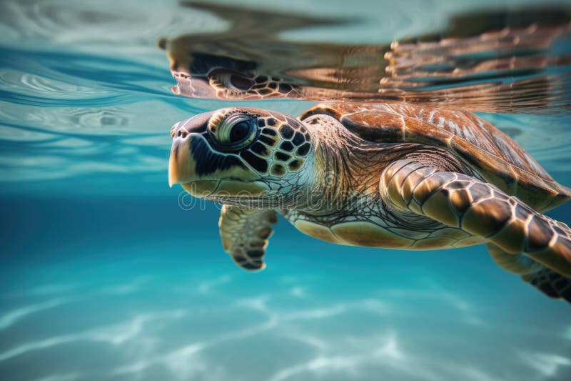Sea Turtle Swimming Along the Surface of the Water, with Its Reflection Visible Stock ...