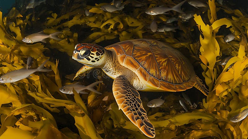 Sea Turtle Swimming Amidst Kelp Forest with Fish Stock Photo - Image of ...