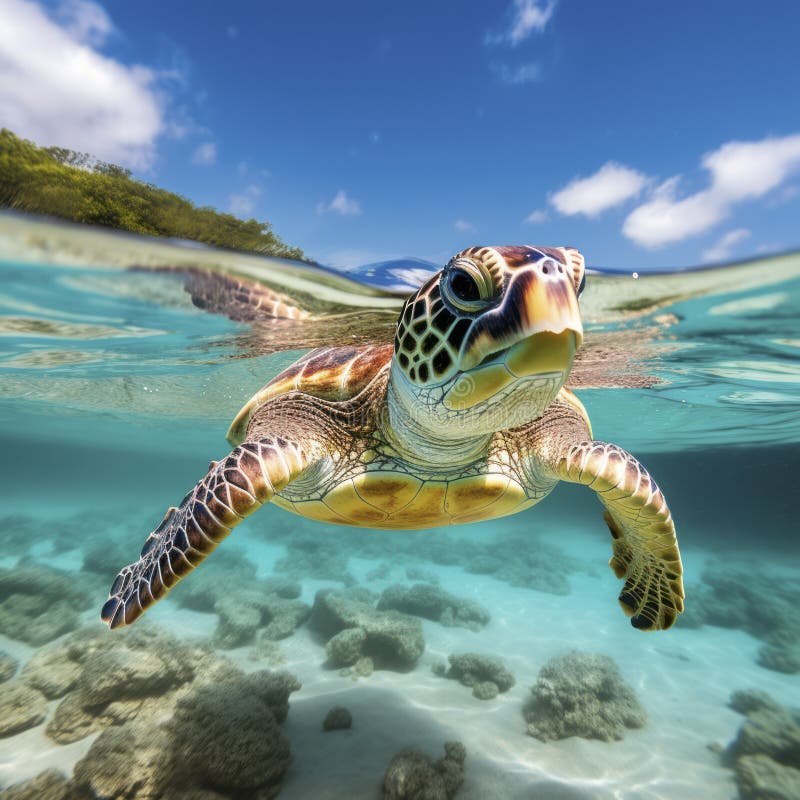 Sea Turtle Swimming in Clear Ocean Waters Stock Illustration ...