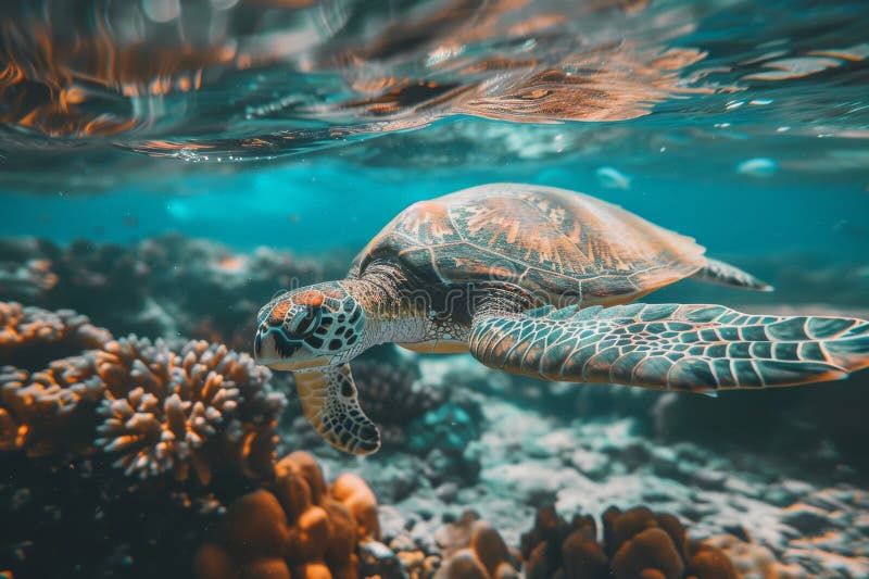 Sea Turtle Swimming in Coral Reef Underwater. Stock Image - Image of ...
