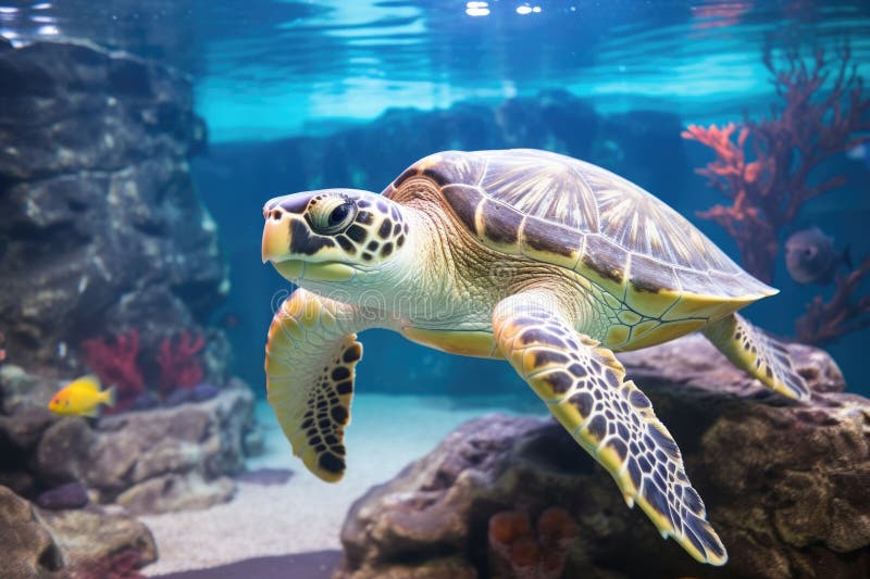 Sea Turtle Swimming in Decorated Water Tank Stock Photo - Image of ...
