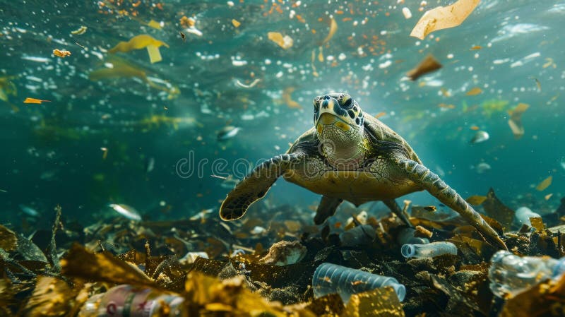 Sea Turtle Swimming through a Littered Sea of Plastic Waste Stock Image ...