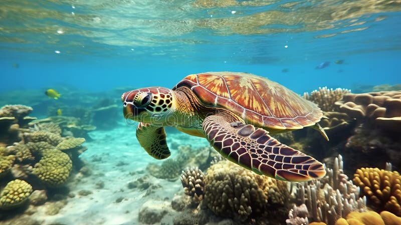 Sea Turtle Swimming In The Ocean Among Colorful Coral Reef Underwater