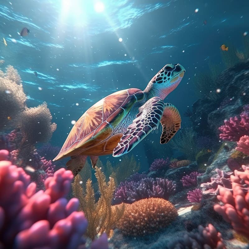 Sea Turtle Swimming In The Ocean With Coral Reef Underwater Background
