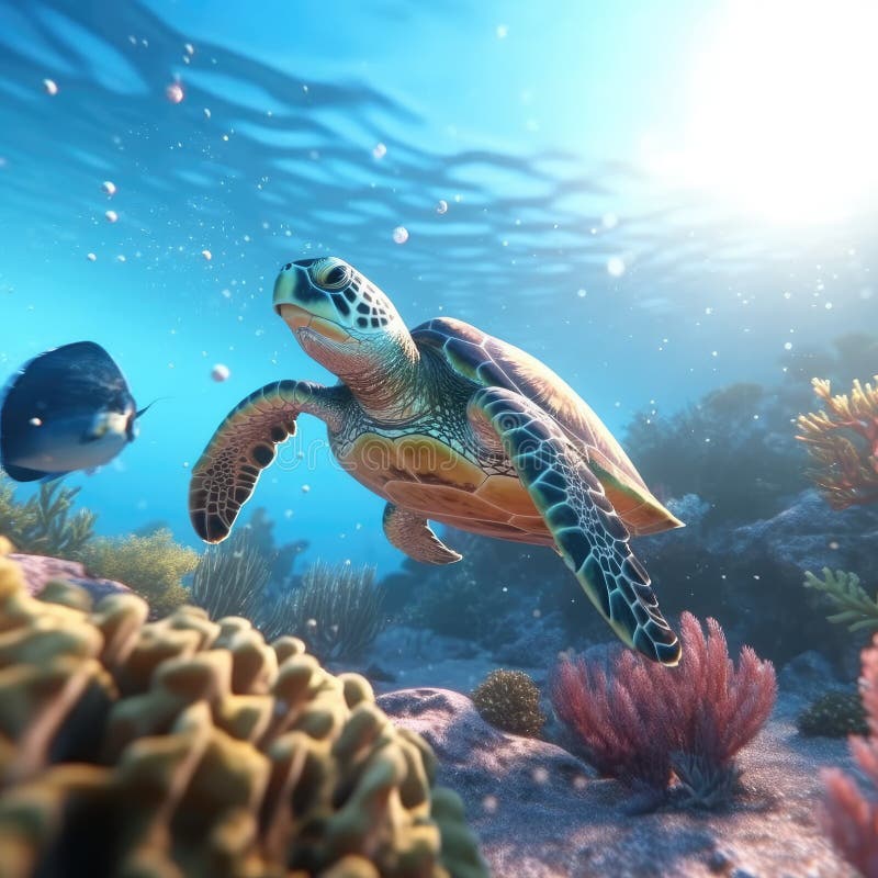 Sea Turtle Swimming In The Ocean With Coral Reef Underwater Background