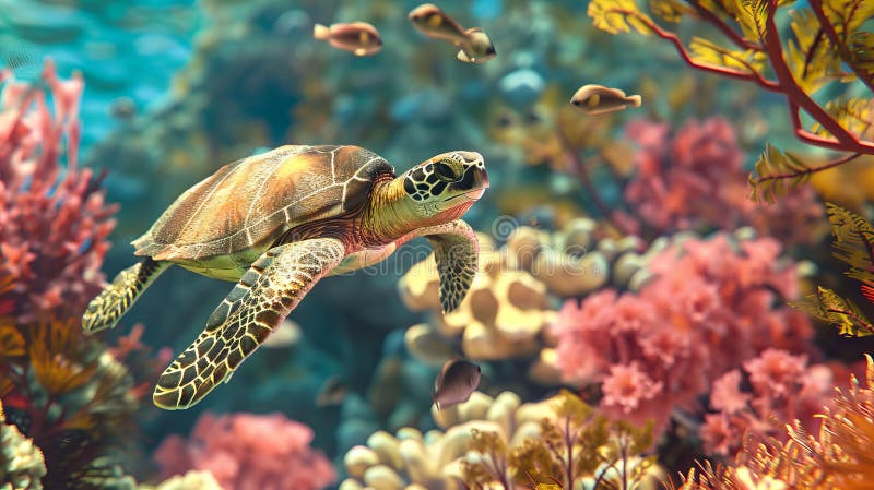 A Sea Turtle Swimming in the Ocean with Corals Stock Image - Image of ...