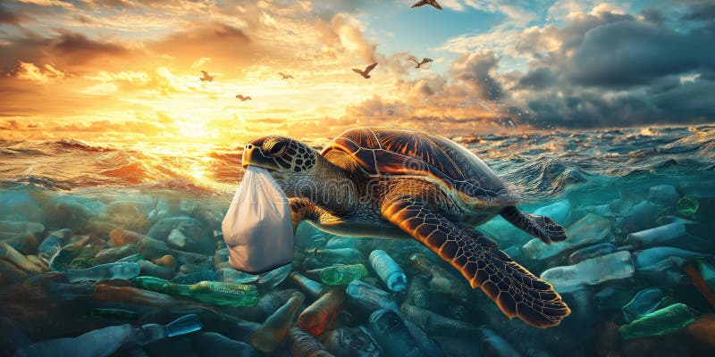 Sea Turtle Swimming through Ocean Pollution with Plastic Waste at ...