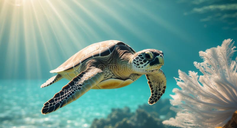 Sea Turtle Swimming in Ocean with Sun Rays and Coral Reef Stock Image ...