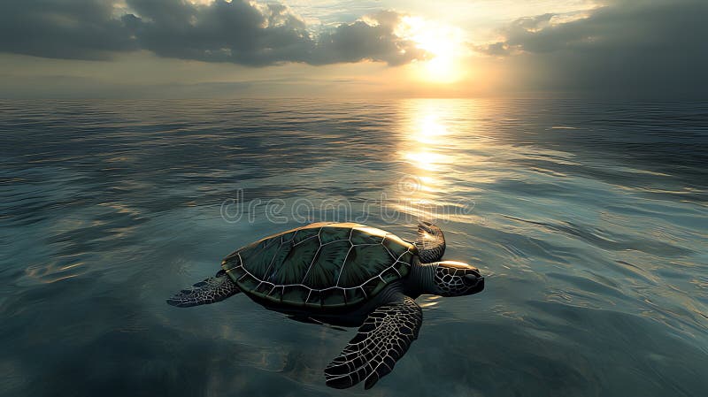 Sea Turtle Swimming in Ocean at Sunset Stock Illustration ...