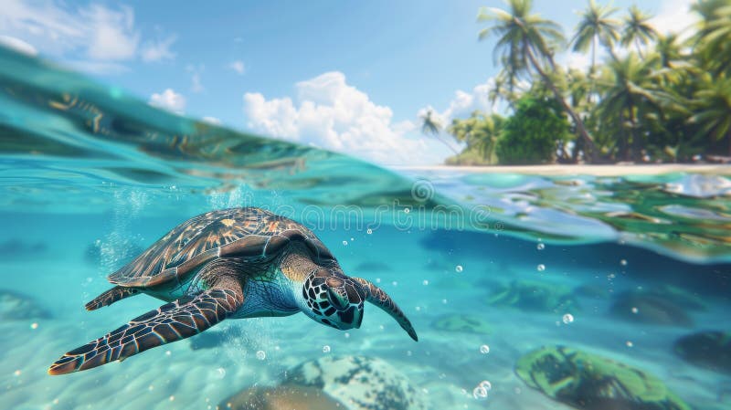 Sea Turtle Swimming in the Ocean of a Tropical Island Stock Photo ...
