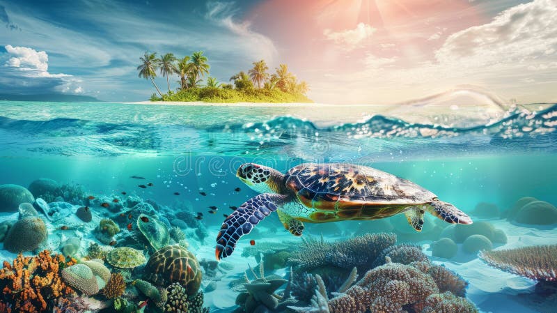 Sea Turtle Swimming in the Ocean of a Tropical Island Stock Photo ...