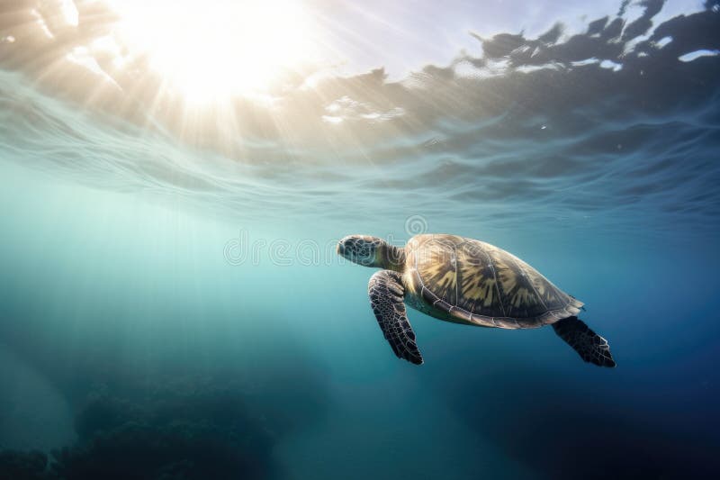 Sea Turtle Swimming in the Open Ocean, with Sun Shining on Its Shell ...