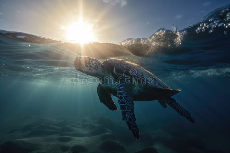 Sea Turtle Swimming in the Open Ocean, with Waves and Sun Shining Down ...