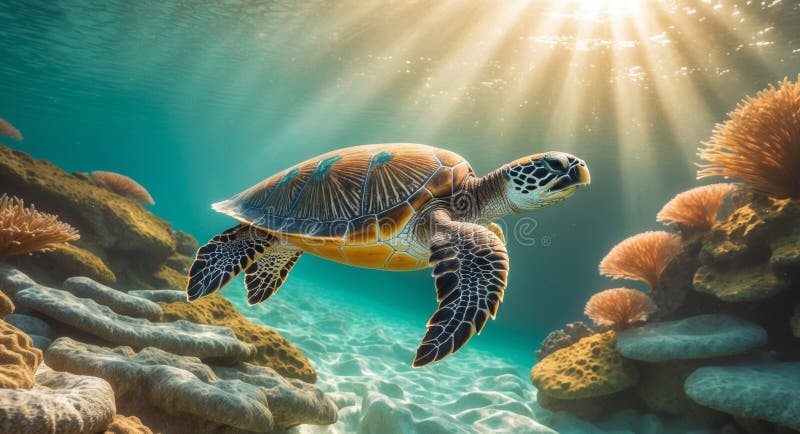 Sea Turtle Swimming Over Coral Reef with Sun Rays Shining. Stock Image ...