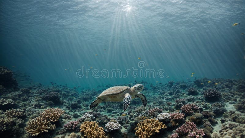 A Sea Turtle Swimming Over Coral Reefs Stock Illustration ...