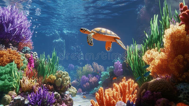 Sea Turtle Swimming Over Vibrant Coral Reef Stock Illustration ...