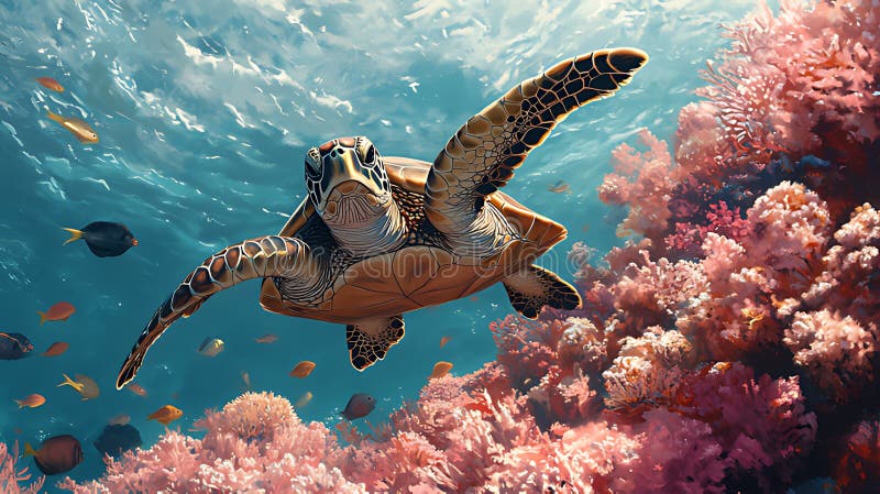 Sea Turtle Swimming Over Vibrant Coral Reef Stock Illustration ...
