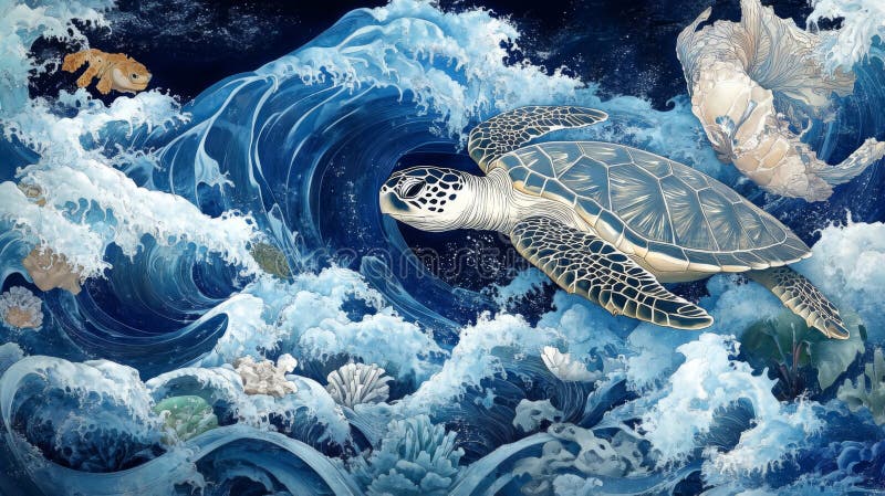 Sea Turtle Swimming through Powerful Blue Ocean Waves Stock ...