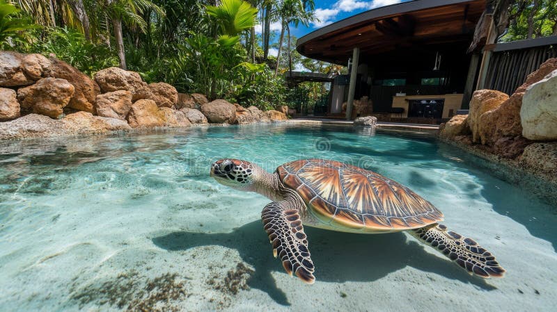 Sea Turtle Swimming in Tropical Pool Paradise Stock Illustration ...