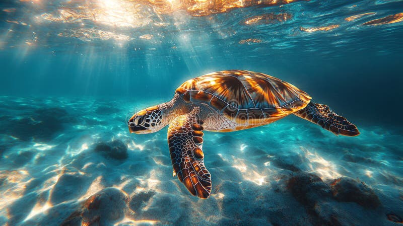Sea Turtle Swimming Underwater, Illuminated by Sunlight. Stock Image ...