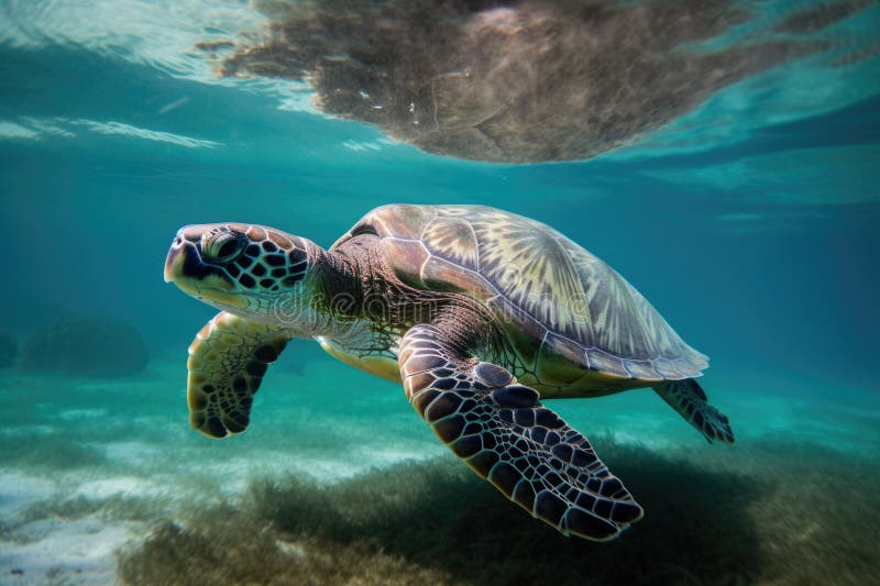 Sea Turtle Swimming Underwater, Its Flippers and Shell Visible Stock ...