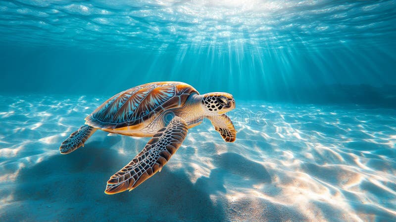 Sea Turtle Swimming Underwater Sun Rays Filtering Stock Photos - Free ...