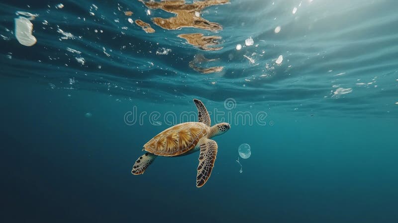 Sea Turtle Swimming Underwater with Sunlight Shining through Stock ...