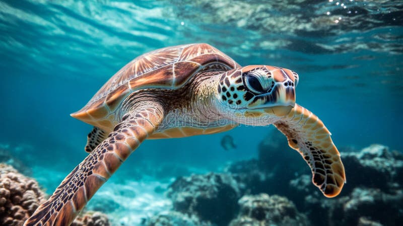 Sea Turtle Swimming Underwater in Vibrant Coral Reef Stock Illustration ...