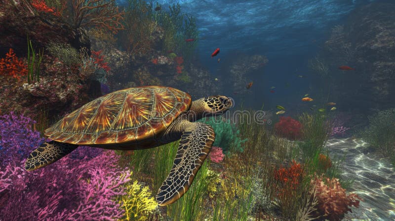 Sea Turtle Swimming through Vibrant Coral Reef Stock Illustration ...