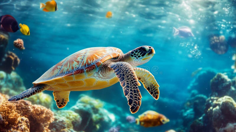 Sea Turtle Swimming in Vibrant Coral Reef Stock Illustration ...
