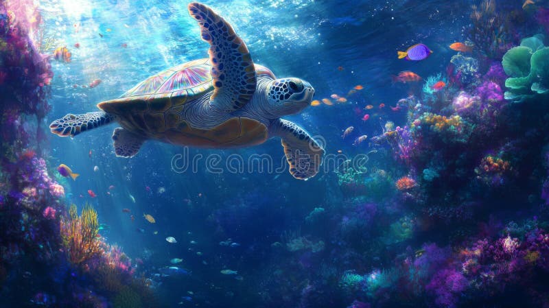 Sea Turtle Swimming in Vibrant Coral Reef Stock Illustration ...
