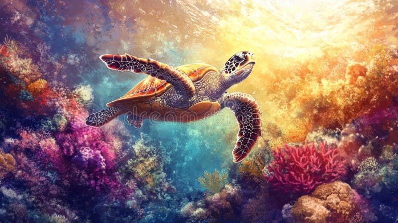 Sea Turtle Swimming in Vibrant Coral Reef Stock Illustration ...