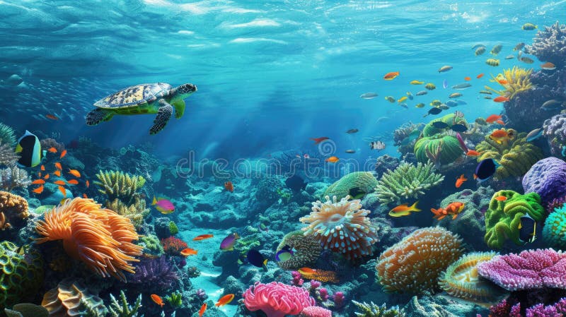 Sea Turtle Swimming In A Vibrant Coral Reef Resplendent Stock Image