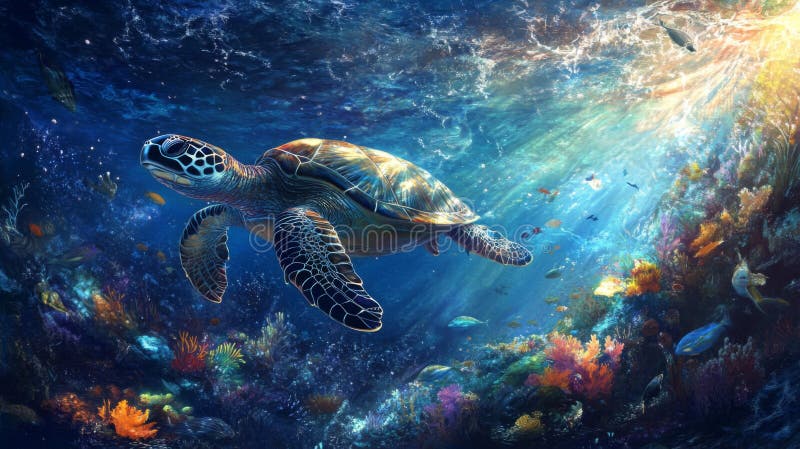 Sea Turtle Swimming through Vibrant Coral Reef Underwater Stock ...