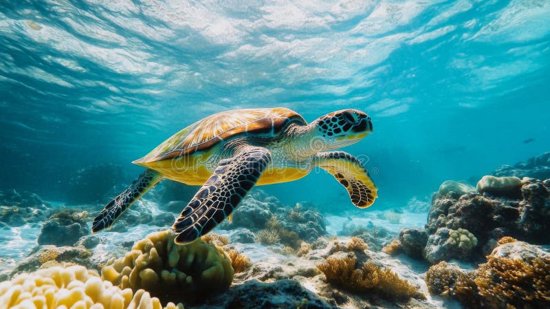 Sea Turtle Swimming in Vibrant Coral Reef Underwater Stock Illustration ...
