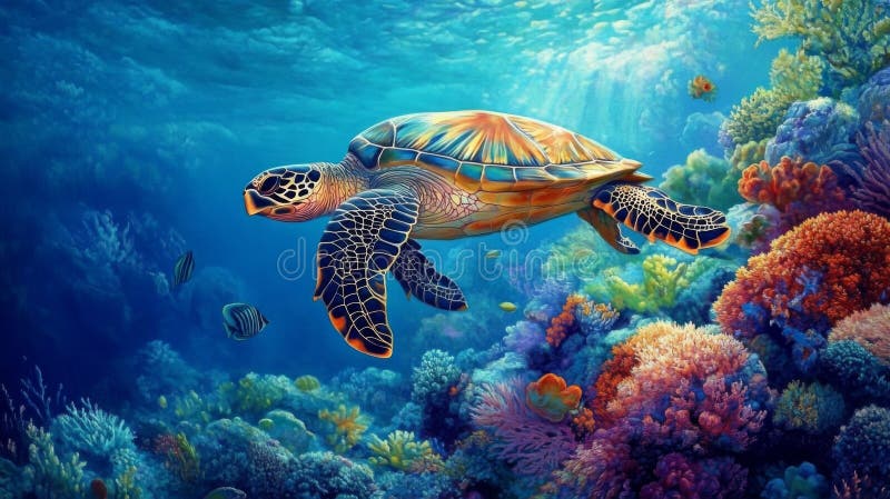 Sea Turtle Swimming in Vibrant Coral Reef Underwater Stock Illustration ...
